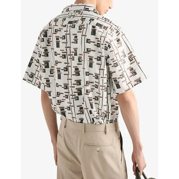 Prada Abstract-print Short-sleeved Cotton-blend Shirt - Neutral