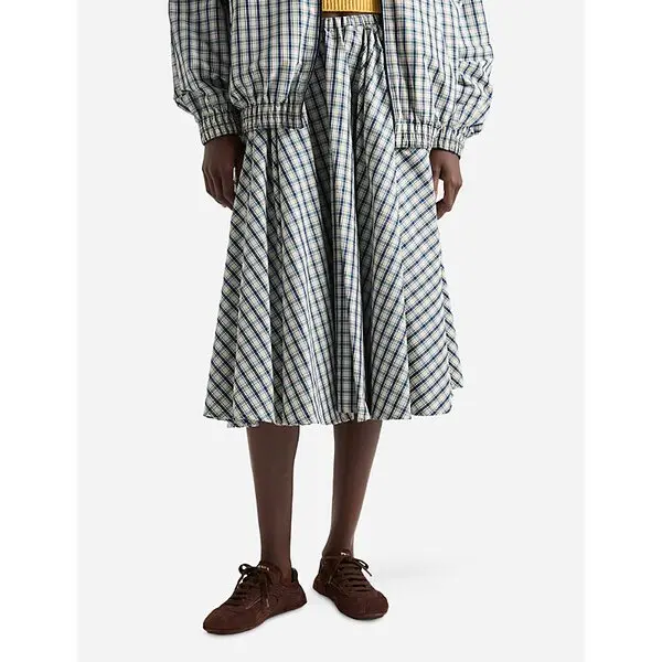 Prada Checked Flared Chambray Midi Skirt - Neutral