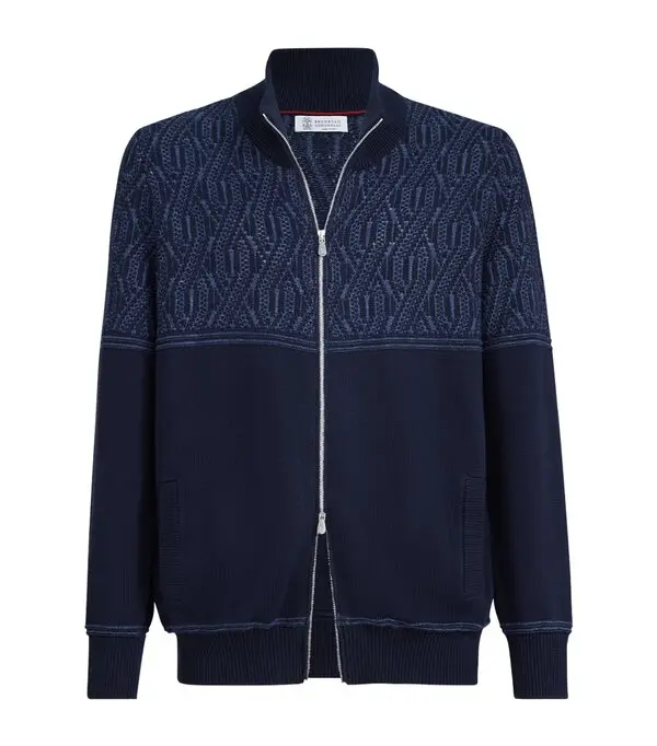 Brunello Cucinelli Cotton Geometric Jacquard Cardigan - Blue