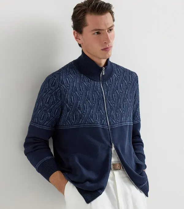 Brunello Cucinelli Cotton Geometric Jacquard Cardigan - Blue