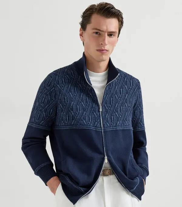 Brunello Cucinelli Cotton Geometric Jacquard Cardigan - Blue
