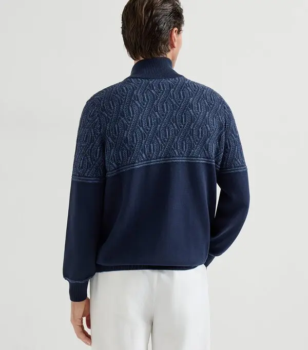 Brunello Cucinelli Cotton Geometric Jacquard Cardigan - Blue