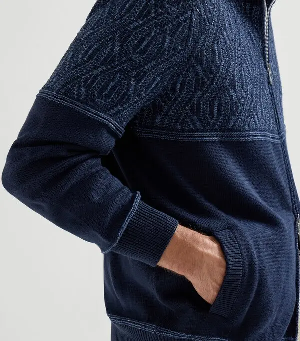 Brunello Cucinelli Cotton Geometric Jacquard Cardigan - Blue