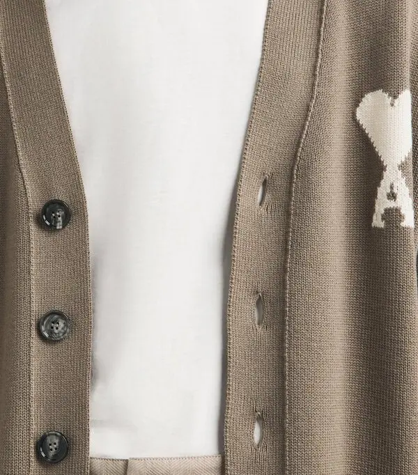 AMI Paris De Coeur Virgin Wool Cardigan - Beige
