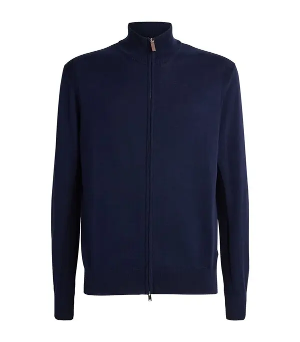Eton Cotton Zip Up Cardigan - Blue