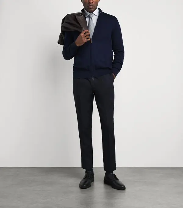 Eton Cotton Zip Up Cardigan - Blue