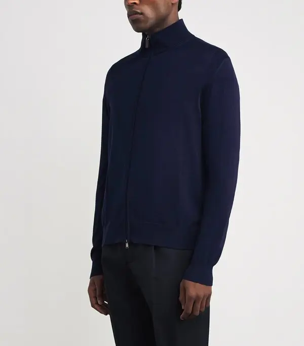 Eton Cotton Zip Up Cardigan - Blue