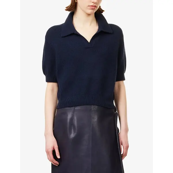Khaite Leni Collared Wool-blend Top - Midnight Navy