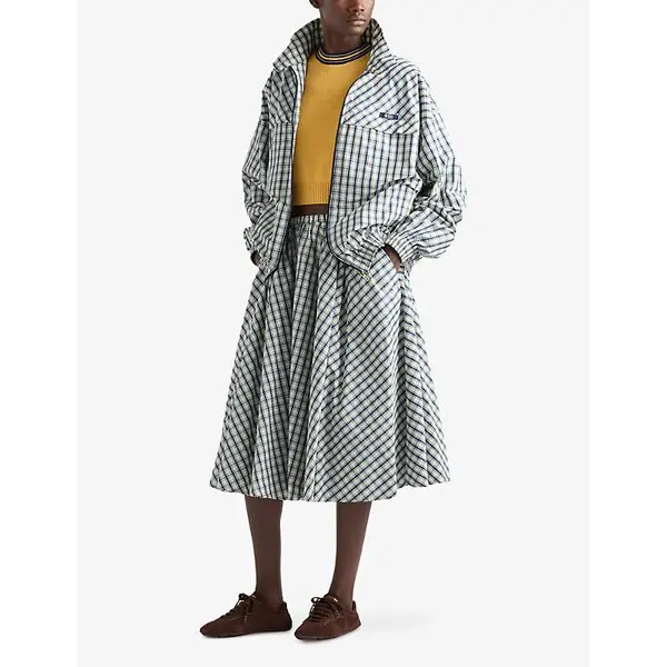 Prada Checked Flared Chambray Midi Skirt - Neutral