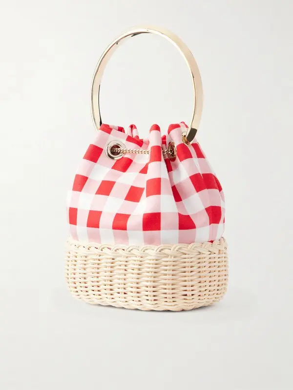 JIMMY CHOO Bon Bon Embellished Woven Raffia Bucket Bag - Red
