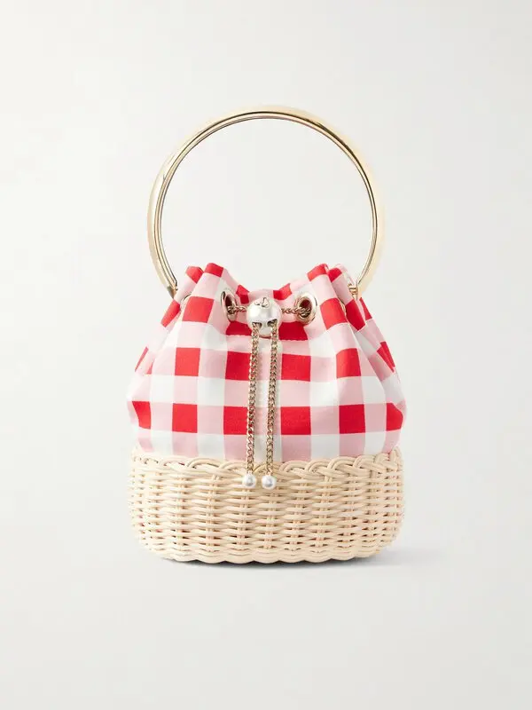 JIMMY CHOO Bon Bon Embellished Woven Raffia Bucket Bag - Red