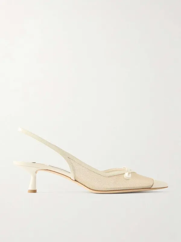 JIMMY CHOO Amita 45 Faux-pearl Embellished Patent-leather Trimmed Metallic Mesh Slingback Pumps - Ivory