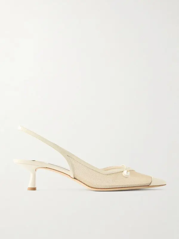 JIMMY CHOO Amita 45 Embellished Patent-leather Trimmed Metallic Mesh Slingback Pumps - Neutrals