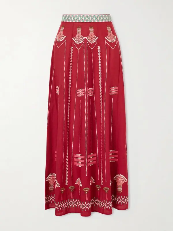 EMPORIO SIRENUSE Embroidered Linen And Cotton-blend Maxi Skirt - Red