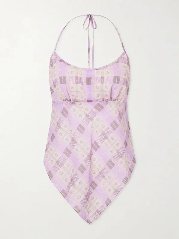 Anna Sui Apron Checked Printed Cotton-voile Halterneck Top - Purple