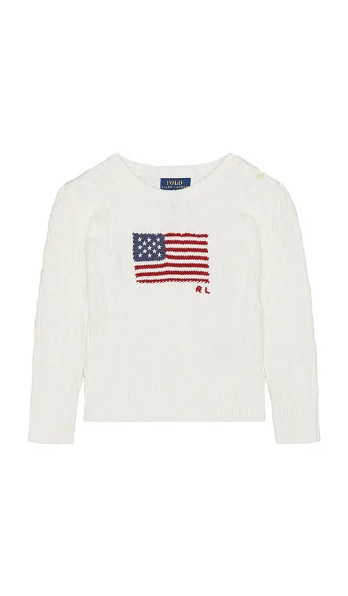 Polo Ralph Lauren Long Sleeve Cotton Cable Knit Flag Crewneck Sweater - Deckwash White Multi