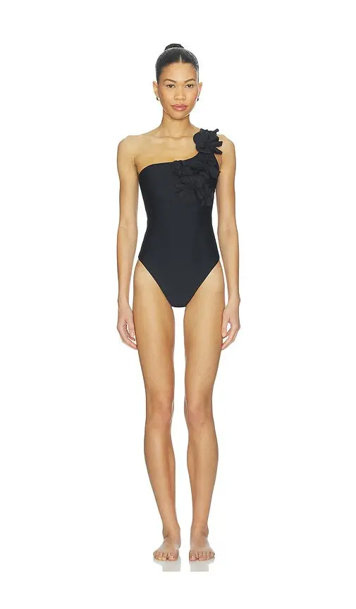 Goldbergh Fabiosa One Shoulder Swimsuit With Floral Embellishment - Black