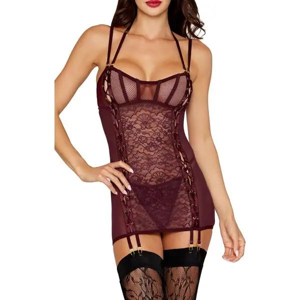 DREAMGIRL Slip With Garter Straps & G-string Set - Burgundy