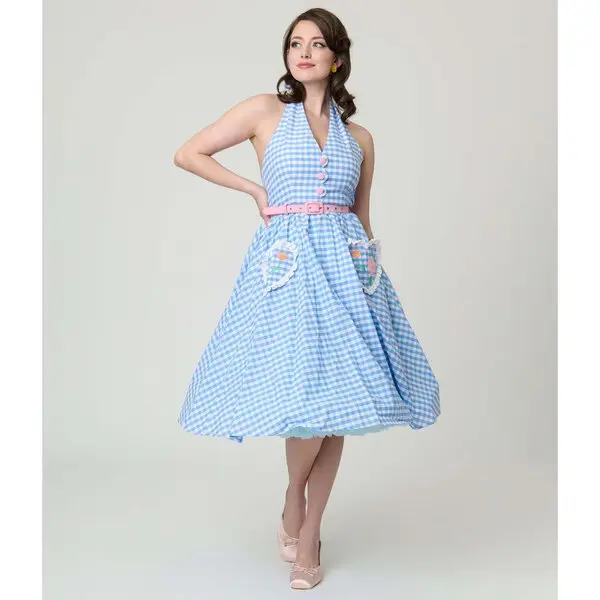 Unique Vintage Belted Scallop Halter Swing Dress - Blue Gingham Floral