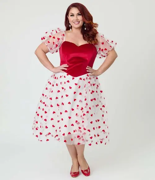 Unique Vintage Heart Chiffon Swing Dress - White W/red Hearts