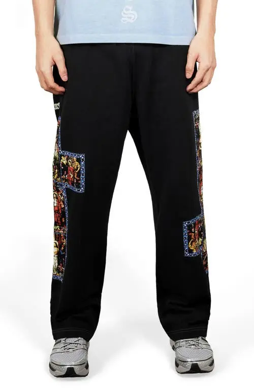 PLEASURES Blasphemy Print Straight Leg Drawstring Sweatpants - Black