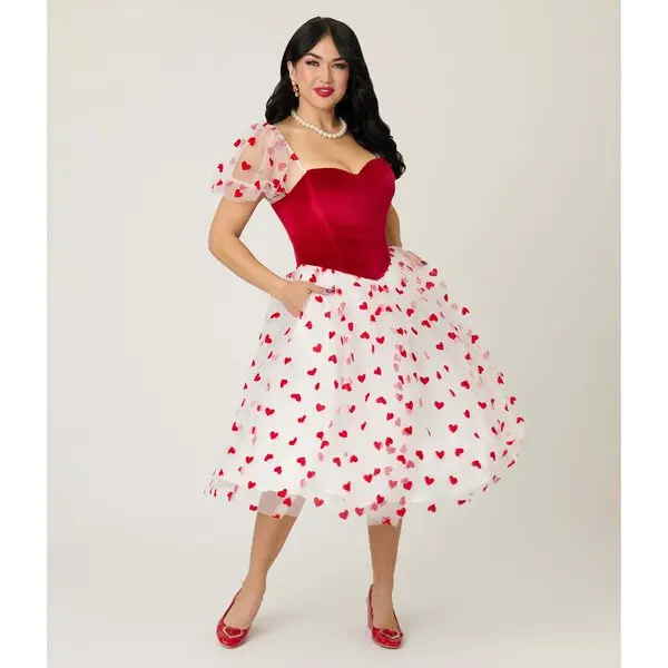 Unique Vintage Heart Chiffon Swing Dress - White W/red Hearts