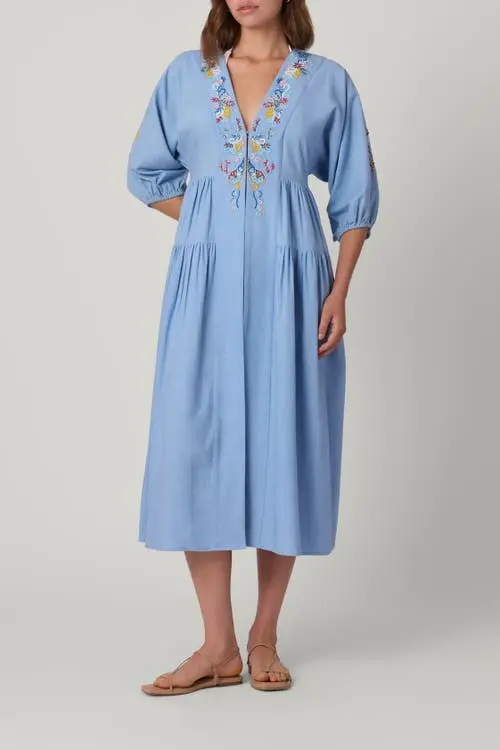 Shoshanna Embroidered Linen Evora Midi Coverup - Blue