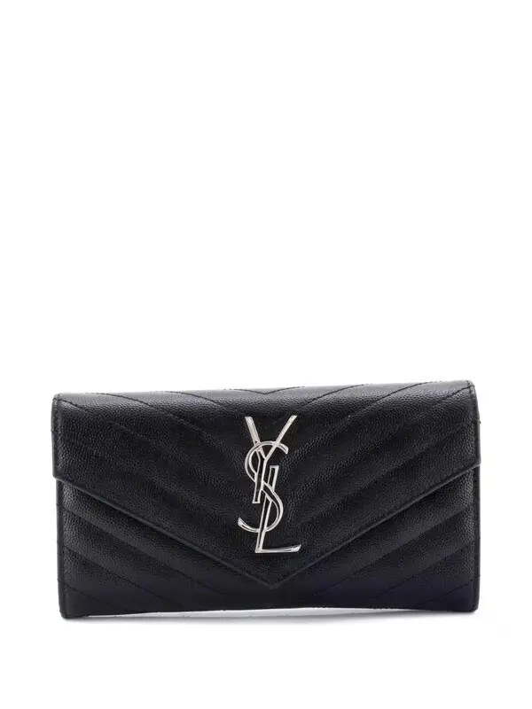 Saint Laurent Classic Monogram Flap Wallet Matelasse Chevron Leather Large Small Wallets - Black