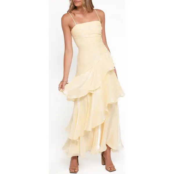 PETAL & PUP Rosalie Metallic Ruffle Maxi Dress - Butter Yellow
