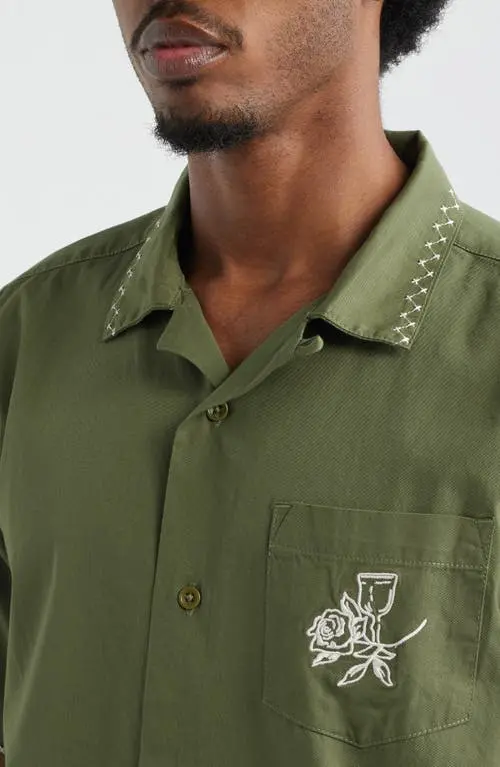 SERVICE WORKS Border Embroidered Short Sleeve Button-up Shirt - Olive