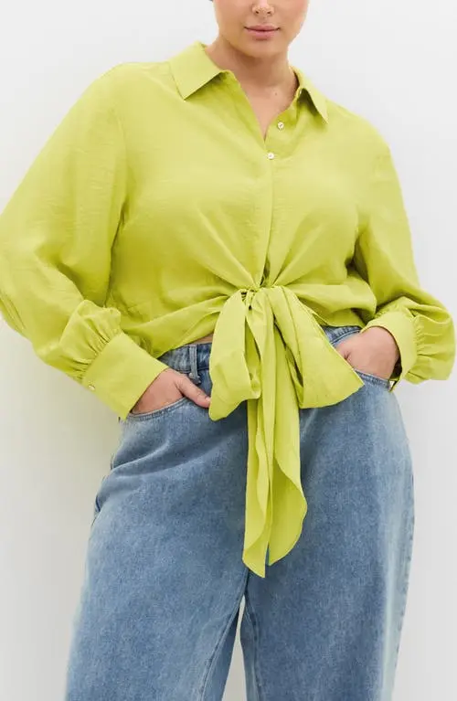 City Chic Tie Hem Button-up Shirt - Chartreuse