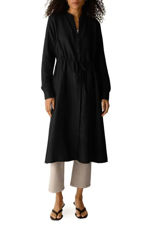 Eileen Fisher Mandarin Collar Long Sleeve Linen Shirtdress - Black