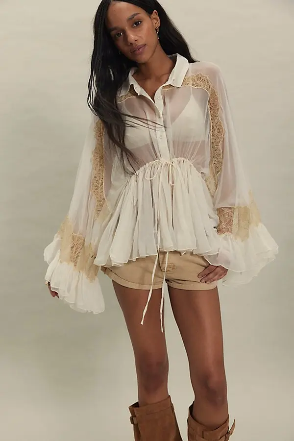 MES DEMOISELLES Deccala Blouse Romantic Ruffled Sheer Top - Ivory