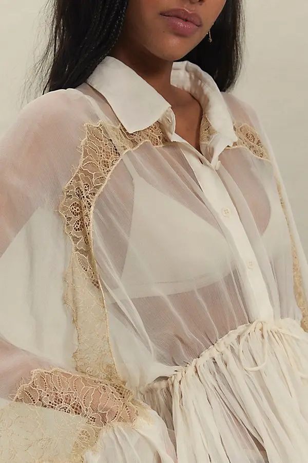 MES DEMOISELLES Deccala Blouse Romantic Ruffled Sheer Top - Ivory