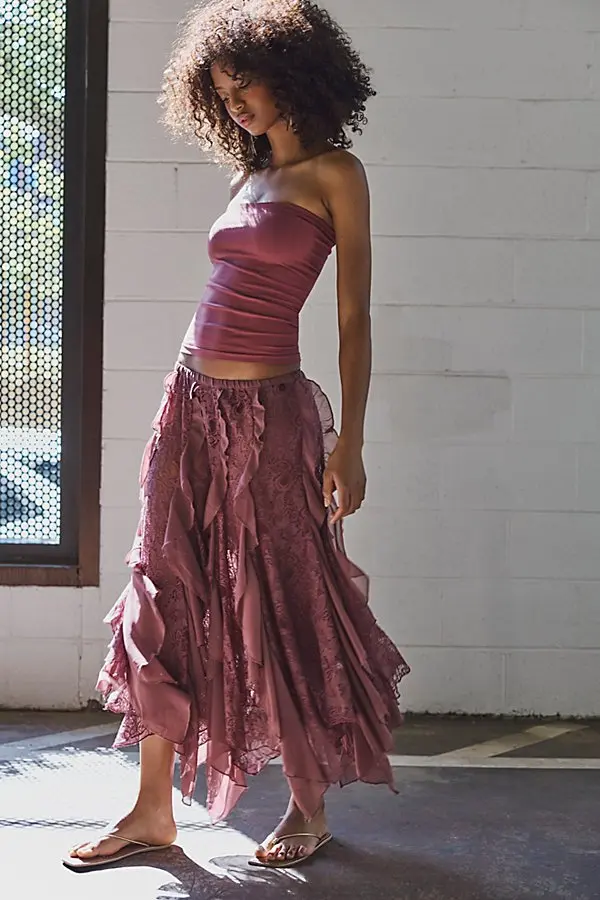 Free People Maxi Lace Slip Skirt With Ruffled Handkerchief Hem - Taupe Rose