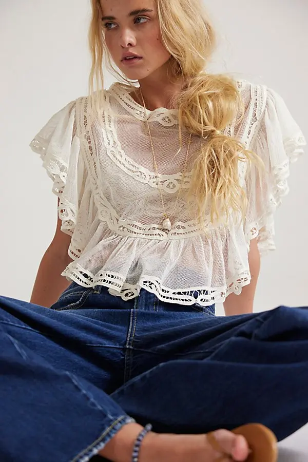 Free People Cropped Lace Trimmed Top - Ivory