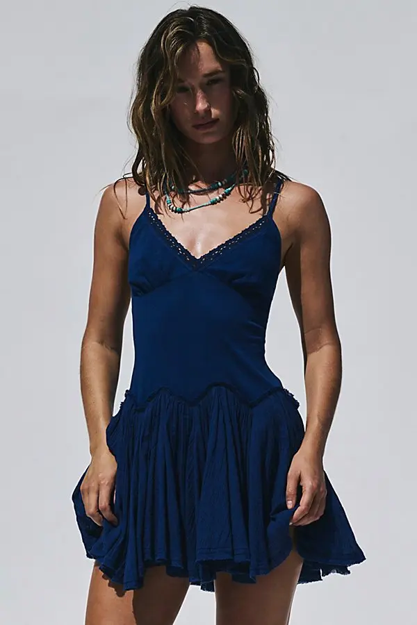 Free People Solid Cotton Mini Dress - Poseidon