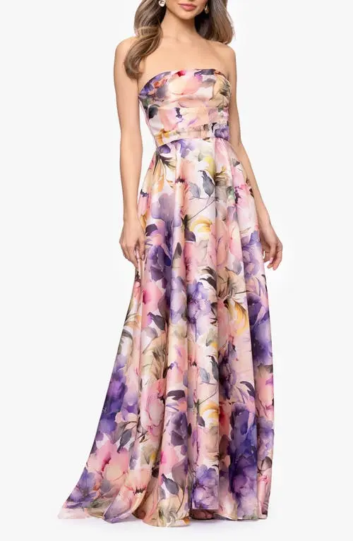 Betsy & Adam Floral Strapless Organza Gown