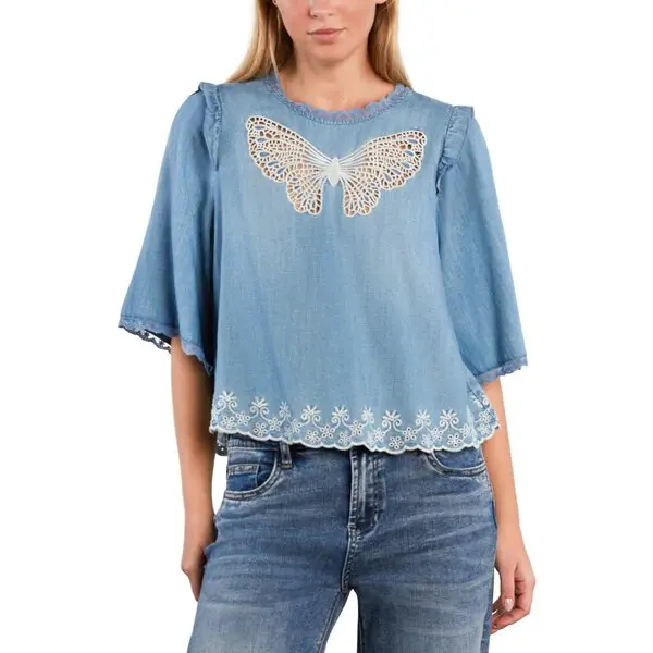 BILLY T Lace Trim Chambray Top