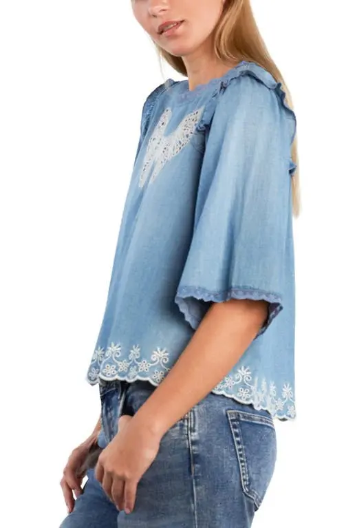 BILLY T Lace Trim Chambray Top
