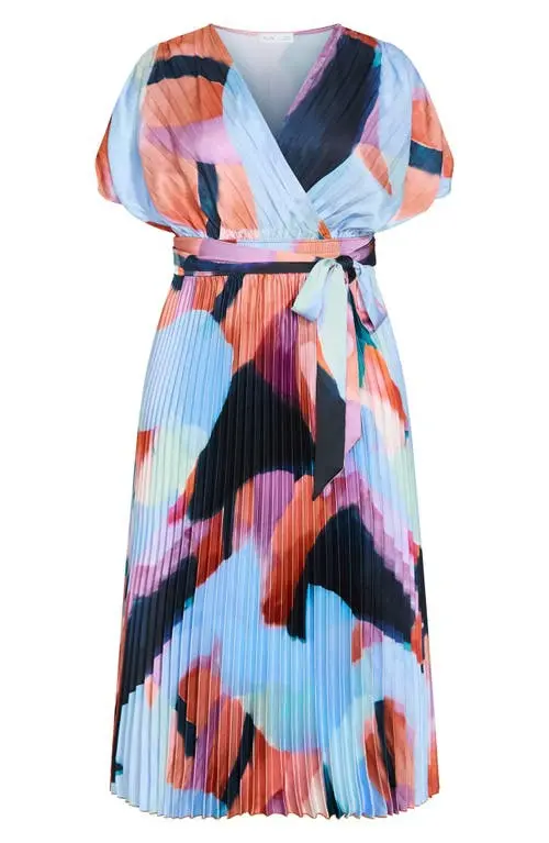 City Chic Abstract Print Pleated Midi Dress - Aspect