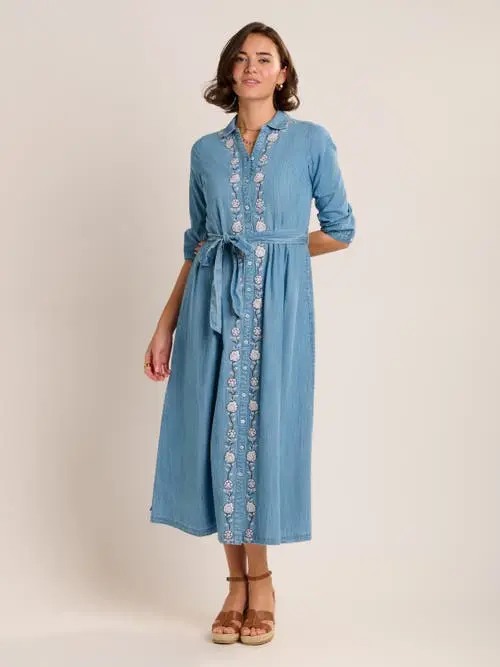 BRAKEBURN Viviana Embroidered Maxi Shirt Dress