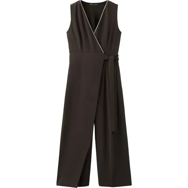 Mango Contrast Piping Faux Wrap Jumpsuit - Chocolate