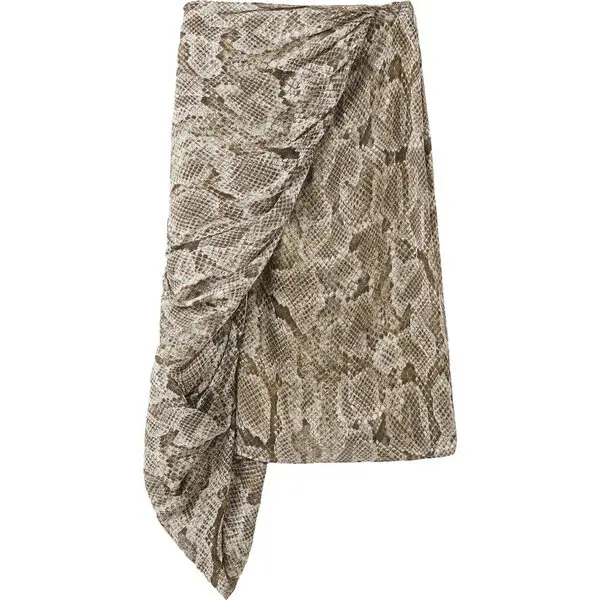 Mango Animal Print Faux Wrap Midi Skirt - Khaki