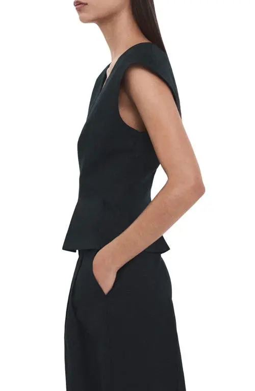 Mango Pleated Peplum Linen-blend Top - Navy
