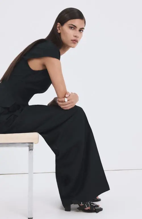 Mango Pleated Peplum Linen-blend Top - Navy
