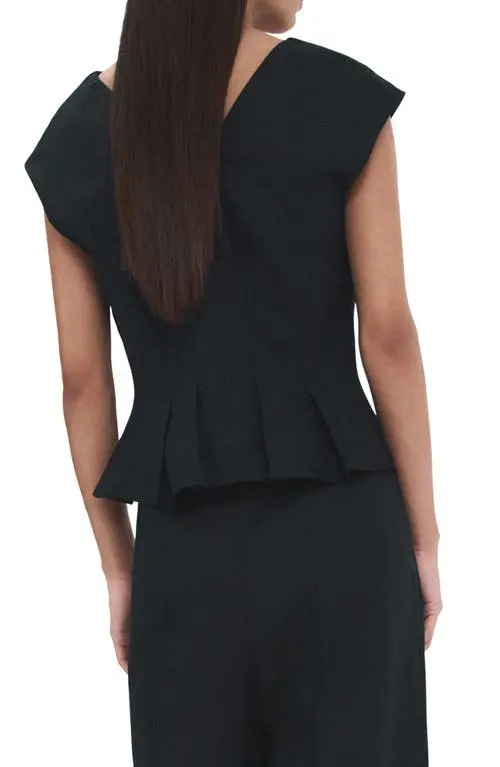 Mango Pleated Peplum Linen-blend Top - Navy