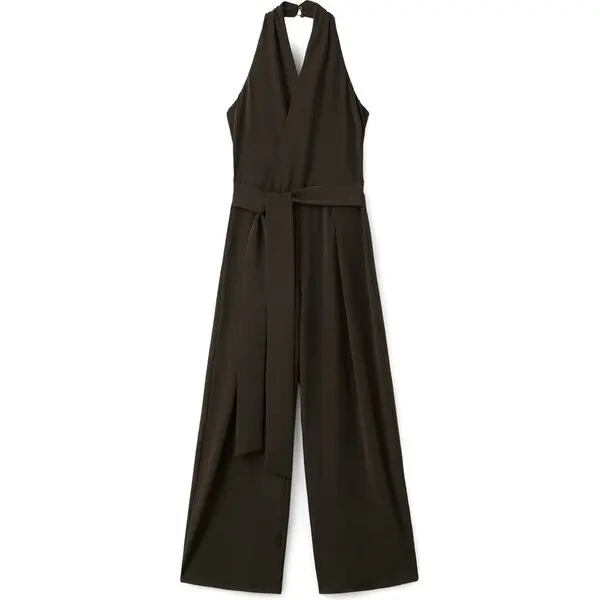 Mango Halter Tie Waist Wide Leg Jumpsuit - Brown