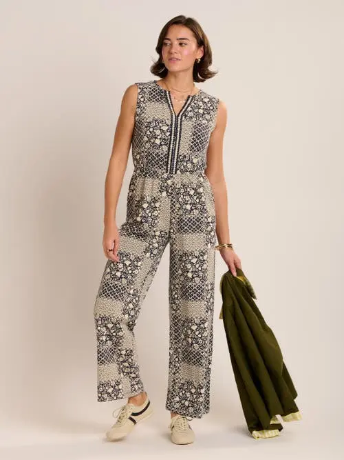 BRAKEBURN Printed Slub Cotton Jersey Jumpsuit - Navy