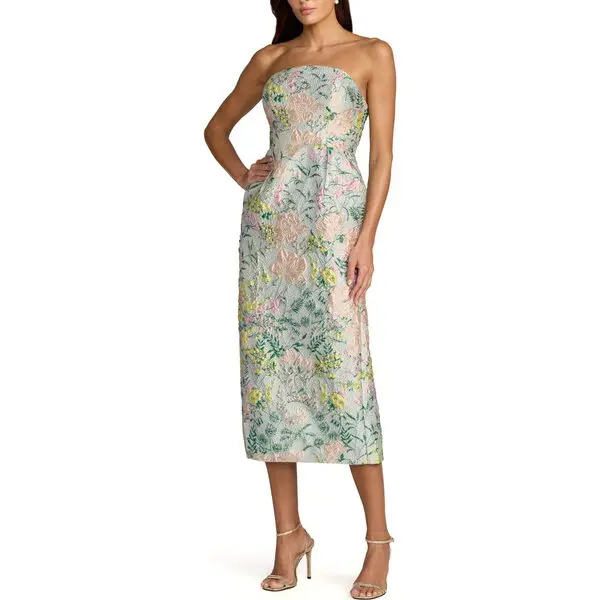 Mac Duggal Strapless Brocade Midi Dress With Pockets - Pastel Multi